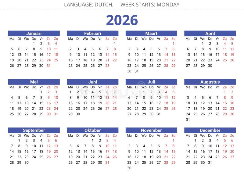 2026 Dutch Calendar. Printable Vector Illustration for Dutch. 12 Months ...