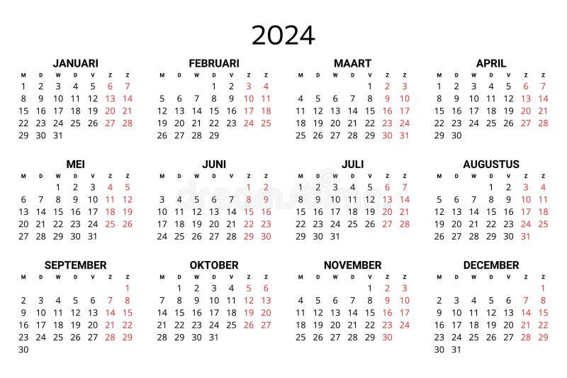 2024 Dutch Calendar. Printable Vector Illustration for Dutch. 12 Months ...