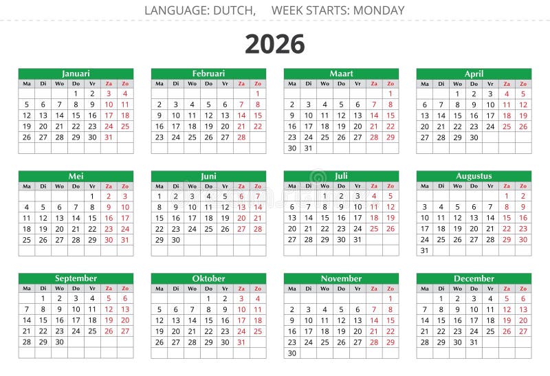 Dutch Calendar for 2026. Vector Illustration Dutch. 12 Months Year ...