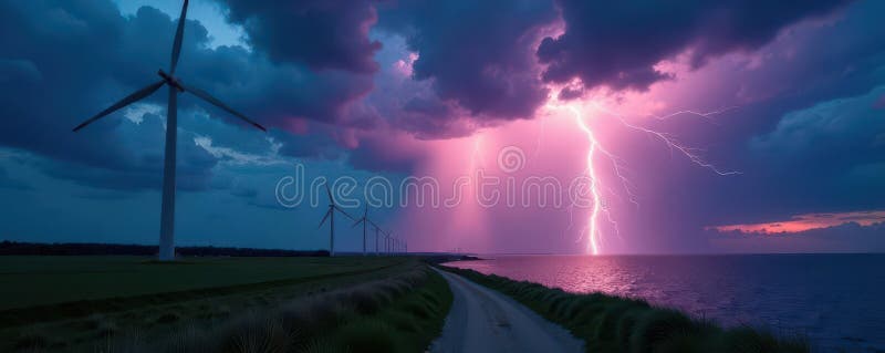 Dutch Coast Wind Turbines, Stormy Sky, Lightning Flash, Environment ...