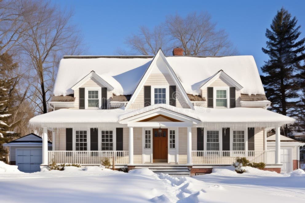 Dutch Colonial Featuring Flared Eave, Nestled in Winter Snow Stock ...