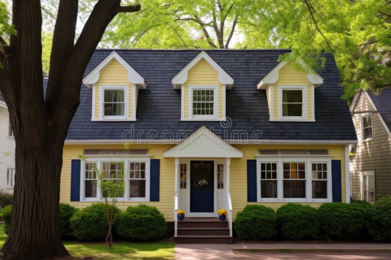 Dutch Colonial Home with Several Dormer Windows, Framed by Trees Stock ...