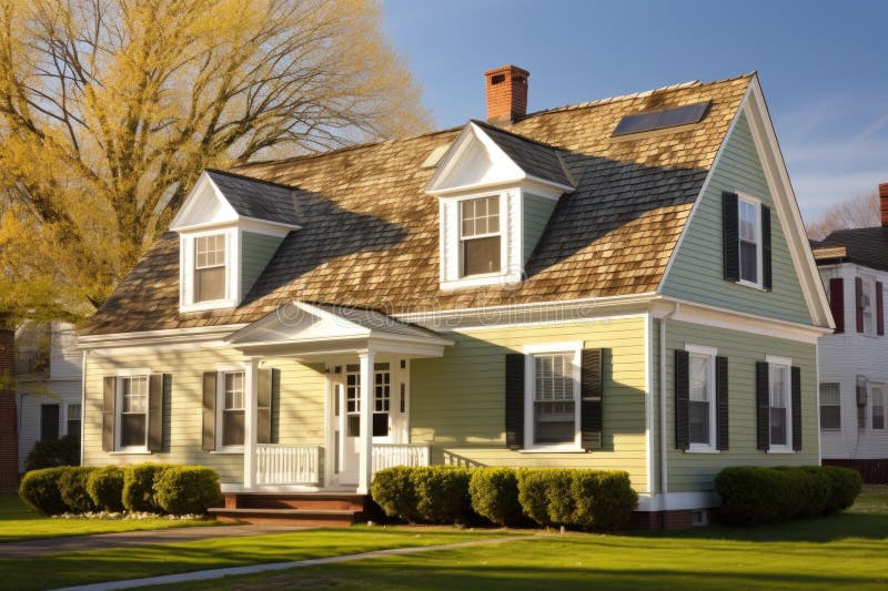 Dutch Colonial House Bathed in Morning Light, Focus on Dormer Windows ...