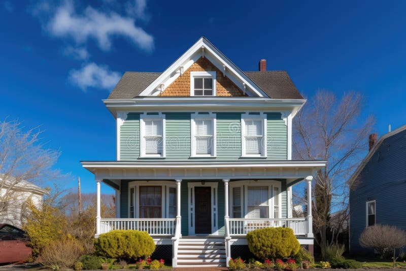 Dutch Colonial House with a Front-facing Gable and a Sunny Blue Sky ...