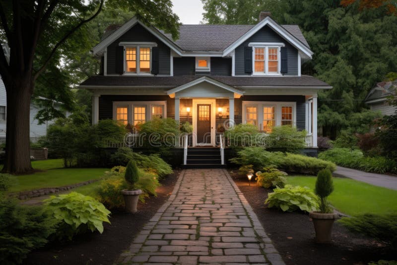 Dutch Colonial House with a Stone Path Leading To the Front Door Stock ...