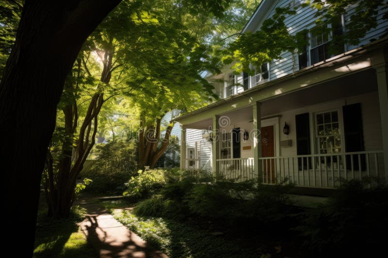 Dutch Colonials Flared Eave, Sunlight Filtering through Leafy Trees ...