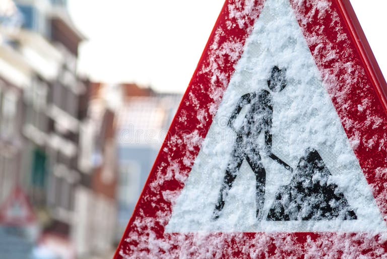 Dutch Construction Road Sign in Winter Stock Photo - Image of manual ...