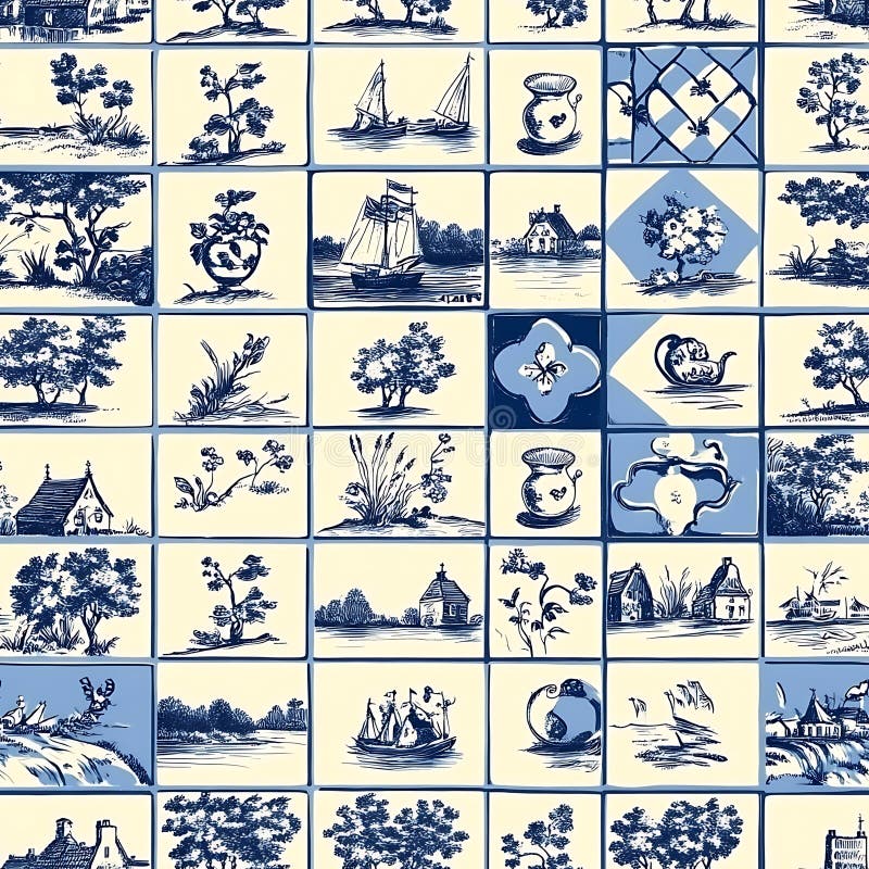 Dutch Delft Blue Tile Pattern with Floral and Landscape Designs Stock ...