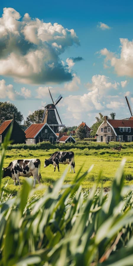 Dutch Farm with Cows and Windmills Grazing Peacefully Stock ...