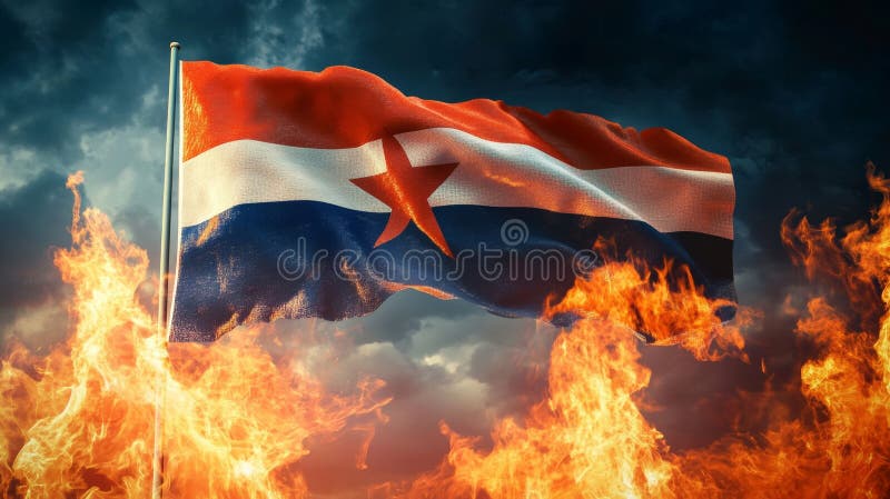 Dutch Flag on Fire in Blue Sky, Symbolizing Hard Times Generative AI ...
