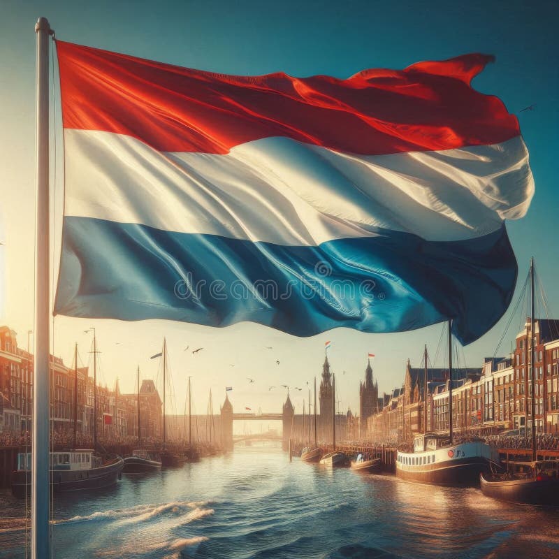 Dutch Flag Flying in the Air, Highlighting the Red, White, and Blue ...