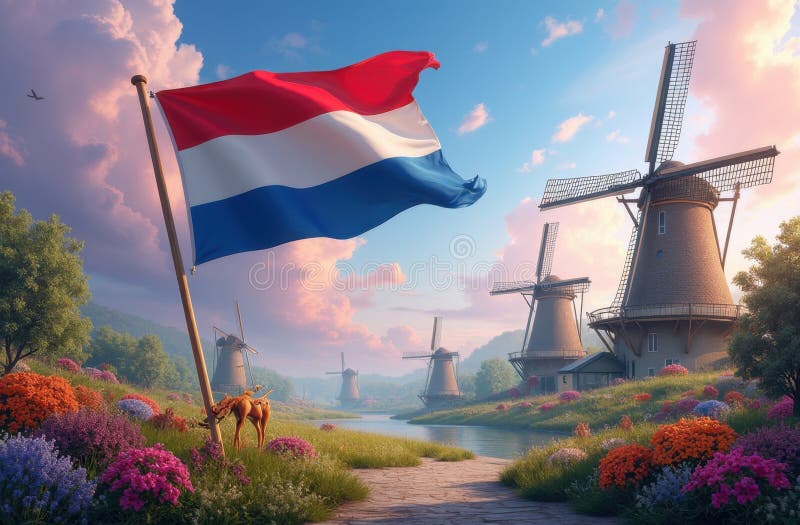 A Dutch Flag Waving with a Windmill in the Background at 27-10-2024 ...