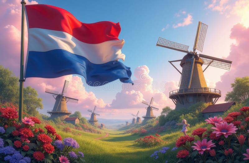 A Dutch Flag Waving with a Windmill in the Background at 27-10-2024 ...