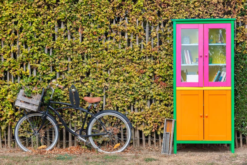 Free Mini Public Library with Bicycle in Autumn Stock Photo - Image of ...