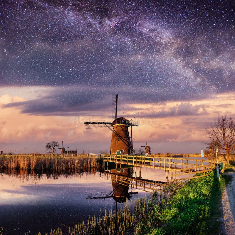 Dutch Mill at Night. Starry Sky. Holland. Netherlands Stock Photo ...