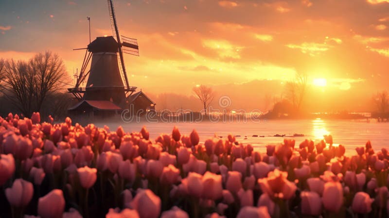 Dutch Spring Scene with Colourful Tulip Fields and a Windmill at Sunset ...