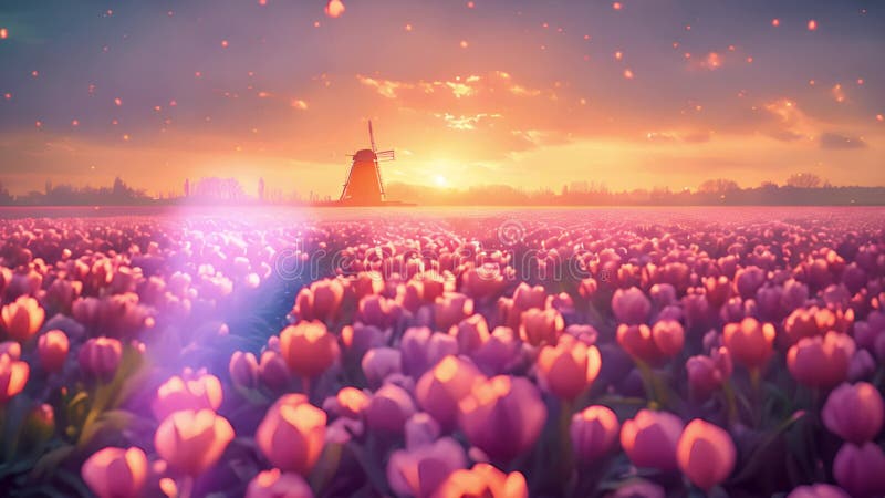 Dutch Spring Scene with Colourful Tulip Fields and a Windmill at Sunset ...