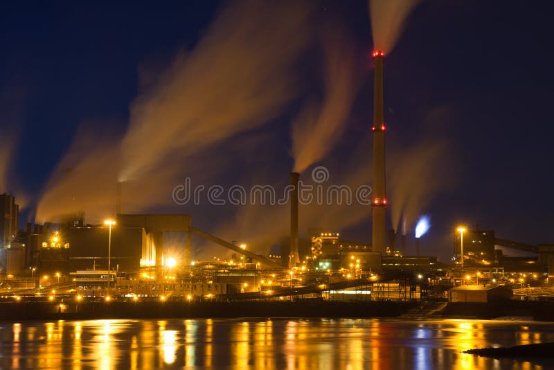 Dutch Steel Factory with Smokestacks at Night Stock Photo - Image of ...