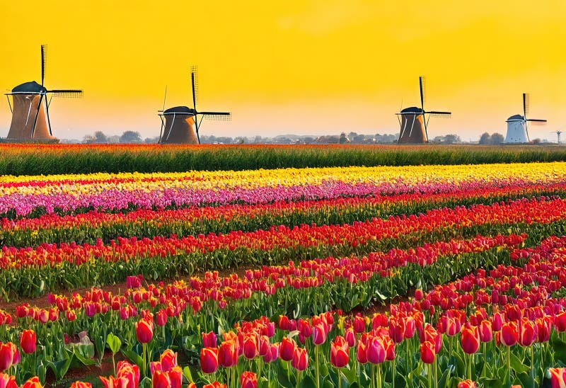 Dutch Tulip Fields and Windmill at 12-10-2024 Stock Illustration ...