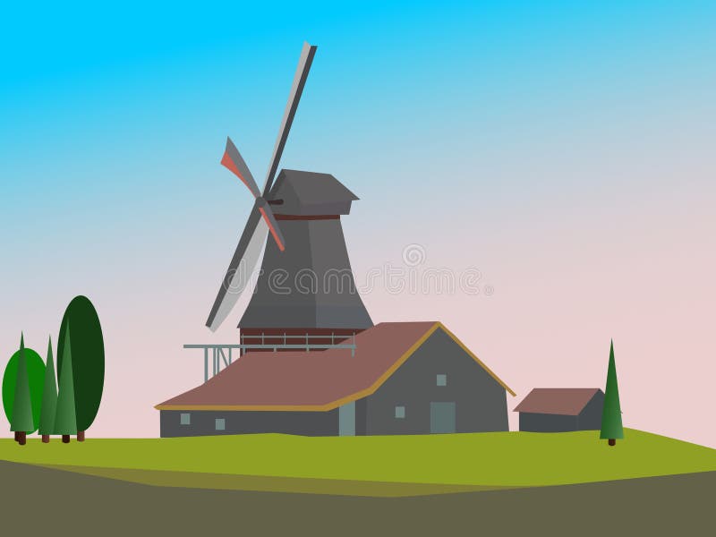 Dutch Windmill in the Country Stock Illustration - Illustration of ...