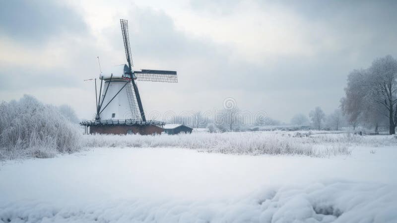 A Dutch Windmill Covered in Snow during Winter Stock Illustration - Illustration of structure ...