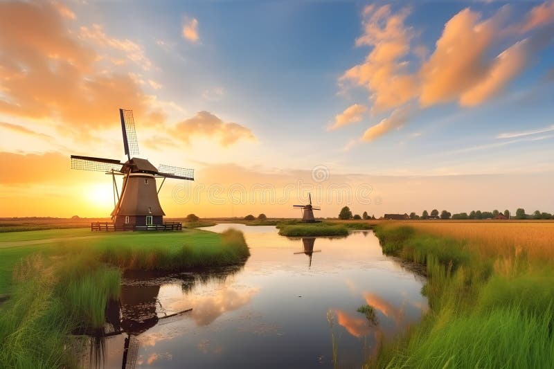 Dutch windmill landscape stock illustration. Illustration of holland ...