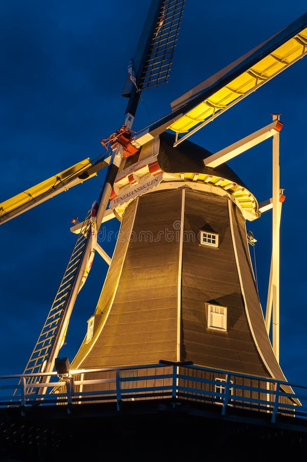 A dutch windmill at night editorial stock image. Image of tourism ...