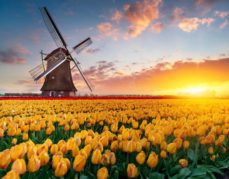 Dutch Windmill Over Tulips Field. Dutch Windmill Over Colorful Yellow ...