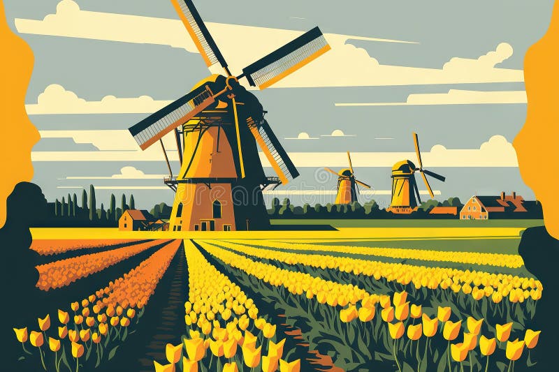 Dutch Windmill Overlooking a Field of Vibrant Yellow Tulips, Holland ...