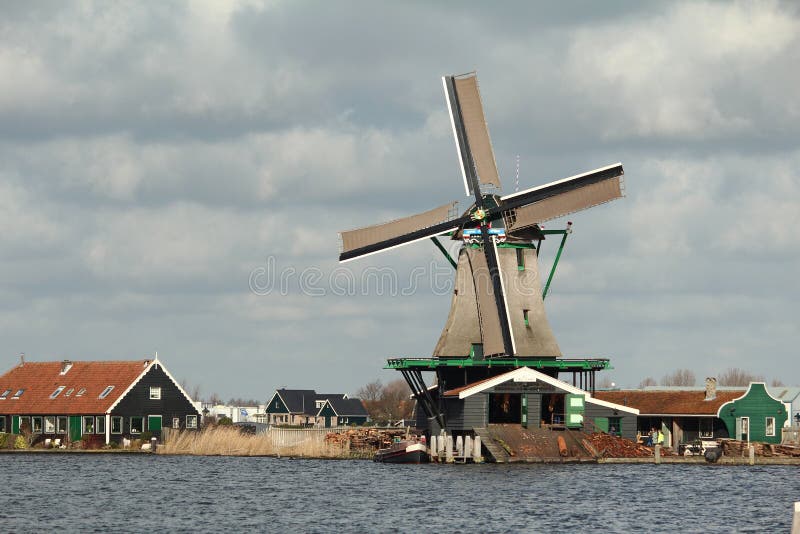 Dutch Windmill on the Side of the River Editorial Stock Image - Image ...
