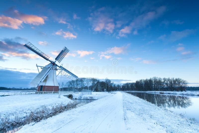 Dutch Windmill in Snow Winter Stock Image - Image of weather, meadow ...