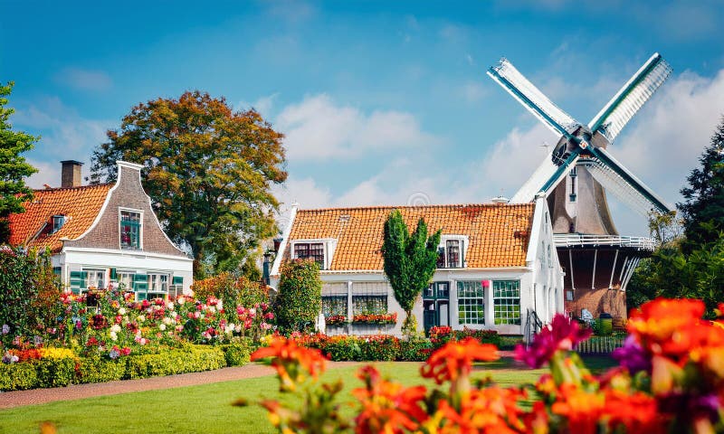 Dutch Windmill in Spring, Windmill in the Country Stock Illustration ...