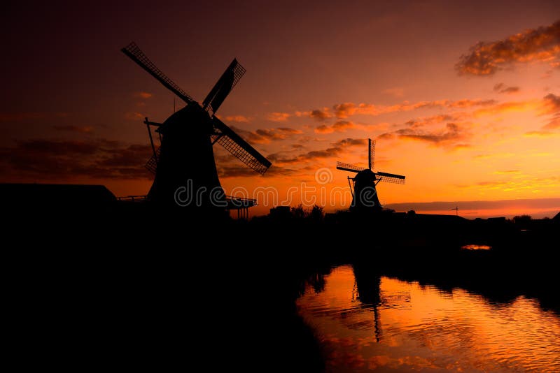 Dutch Windmill at Sunset , Netherlands Stock Image - Image of mill, sunset: 145566247