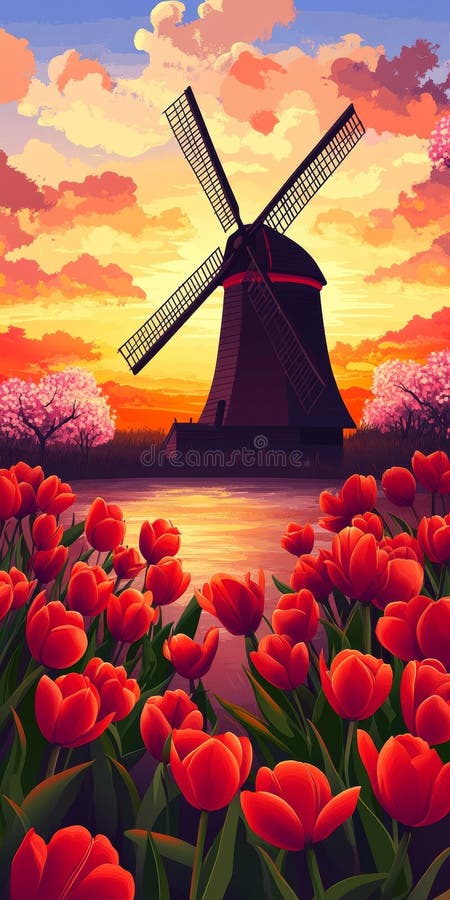 Dutch Windmill Sunset with Tulips Stock Illustration - Illustration of ...