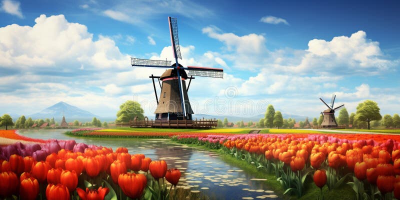 Dutch Windmills Green Fields Canals Tulips Digital Art_005 Stock ...