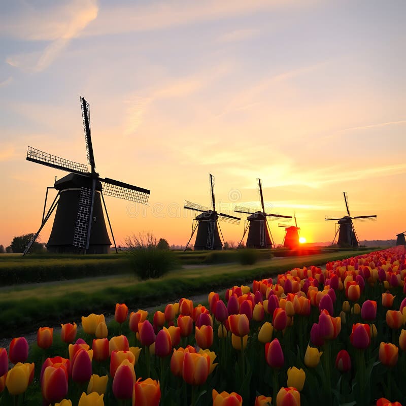 Dutch Windmills with Tulips at Sunrise Stock Illustration ...
