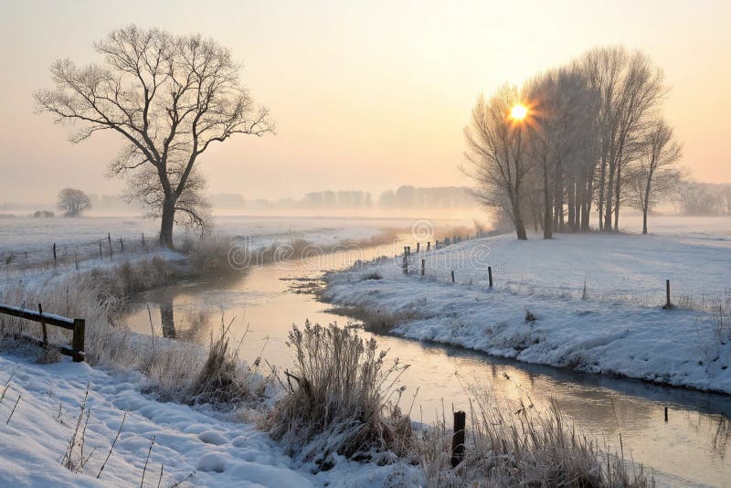 Dutch Winter Landscape with Snow and Low Sun Stock Illustration ...