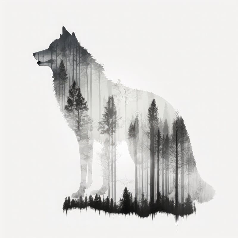 Duuble Exposure Wolf and a Forest. Stock Illustration - Illustration of ...