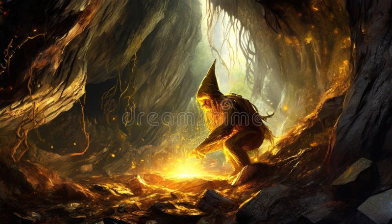 Dwarf in a Cave with Treasure Stock Illustration - Illustration of ...