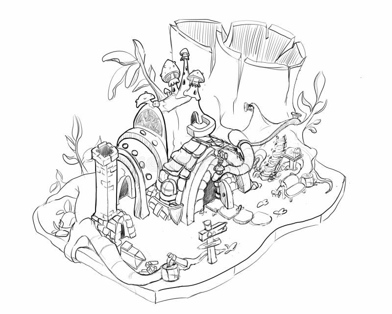 Dwarf House Sketch, Black Line White Background Stock Illustration ...