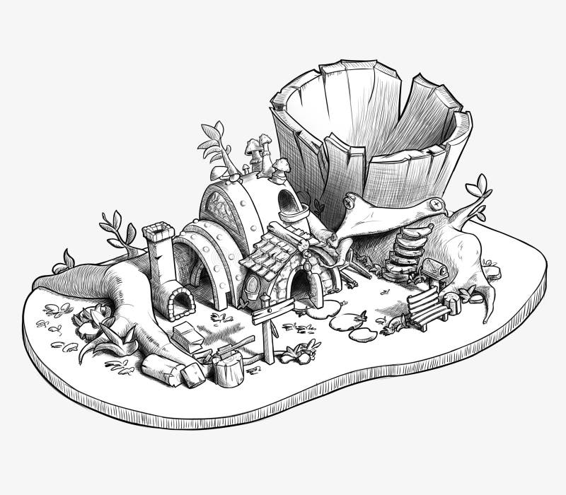 Dwarf House Sketch, Black Line White Background Stock Illustration ...