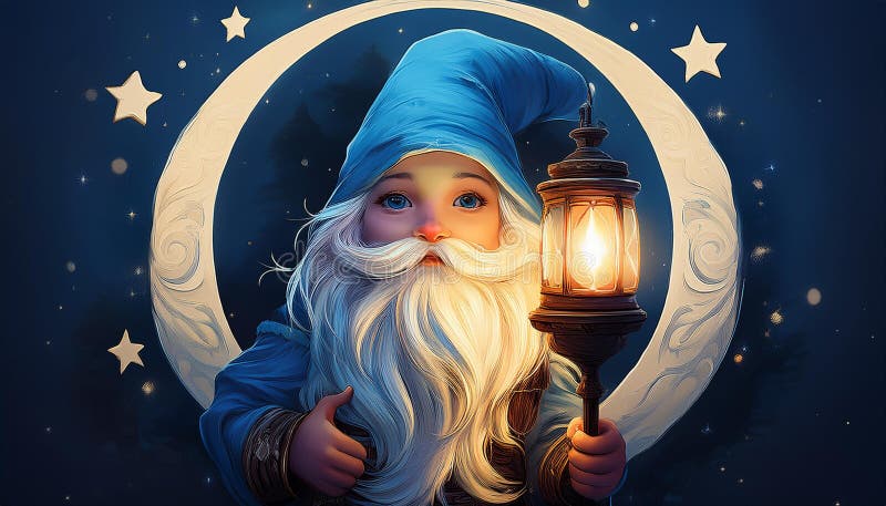 Dwarf with Lantern and Moon Stock Illustration - Illustration of poster ...