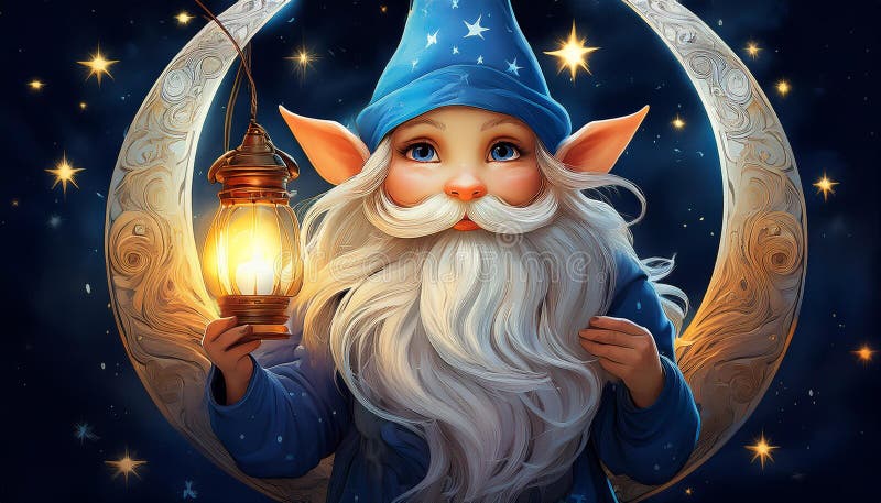 Dwarf with Lantern and Moon Stock Illustration - Illustration of poster ...