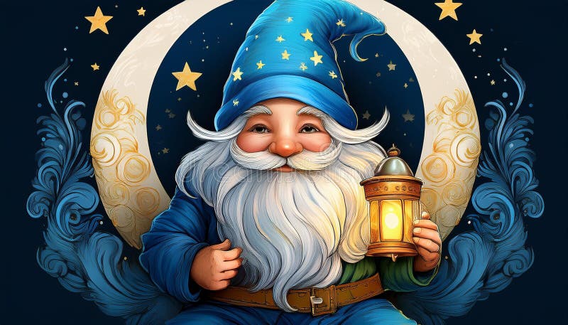 Dwarf with Lantern and Moon Stock Illustration - Illustration of happy ...