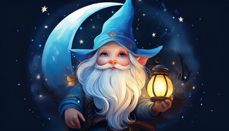 Dwarf with Lantern and Moon Stock Illustration - Illustration of magic ...