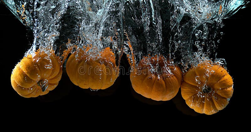 Dwarf Pumpkin, Cucurbita Pepo, Fruit Falling into Water Against Black ...