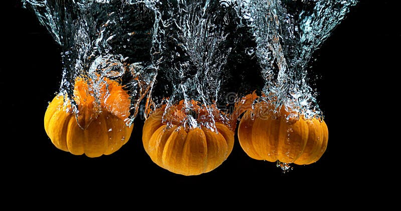 Dwarf Pumpkin, Cucurbita Pepo, Fruit Falling into Water Against Black ...
