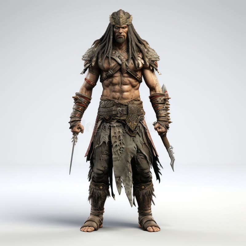 Gritty Textured 3d Model of Warrior with Long Hair Stock Illustration ...