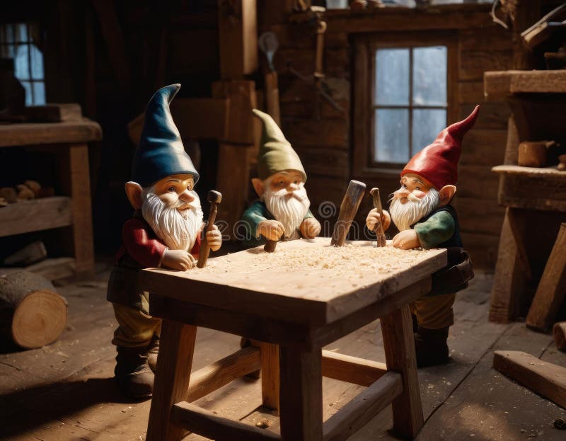 Dwarves Work in a Carpentry Workshop, Gnomes Make Furniture. Stock ...