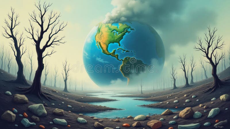 Dying Landscape with Desolate Trees and a Large Globe Emitting Smoke in ...